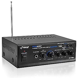 Pyle Bluetooth Mini Blue Series Home Audio Amplifier - Compact Desktop Home Theater-Stereo Amplifier Receiver with USB Charge Port - Pager & Mixer Karaoke Modes - Mic Input (40 Watt x 2) - PTA22BT