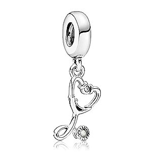 EZ Tuxedo Stethoscope Heart Dangle Charms 925 Sterling Silver Pendant with Cubic Zirconia for Bracelets