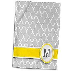 3D Rose Name Initial Letter M-Monogrammed Grey Quatrefoil Pattern-Personalized Yellow Gray Towel, 15" x 22", Multicolor