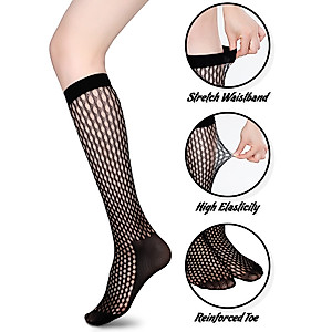 Geyoga 4 Pairs Women's Fishnet Knee High Stockings Lace Hollow out Women's Calf Socks Ankle Sheer Socks(Black,Delicate)