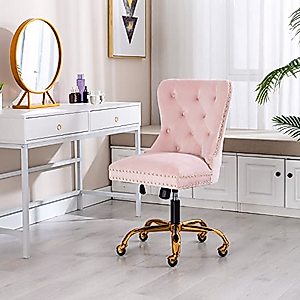 QUINJAY Velvet Home Office, Upholstered Adjustable Swivel desk chair with Gold Base, Tufted Study with Comfy High Back for Teens Study Makeup Pink