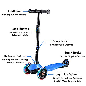 3 Wheels Toddler Scooter for Boys Girls Kick Scooter for Kids Age 2-5 Years Old, PU Light Up Wheels, Adjustable Handlebar, Lean to Steer, Extra Wide Deck, Blue