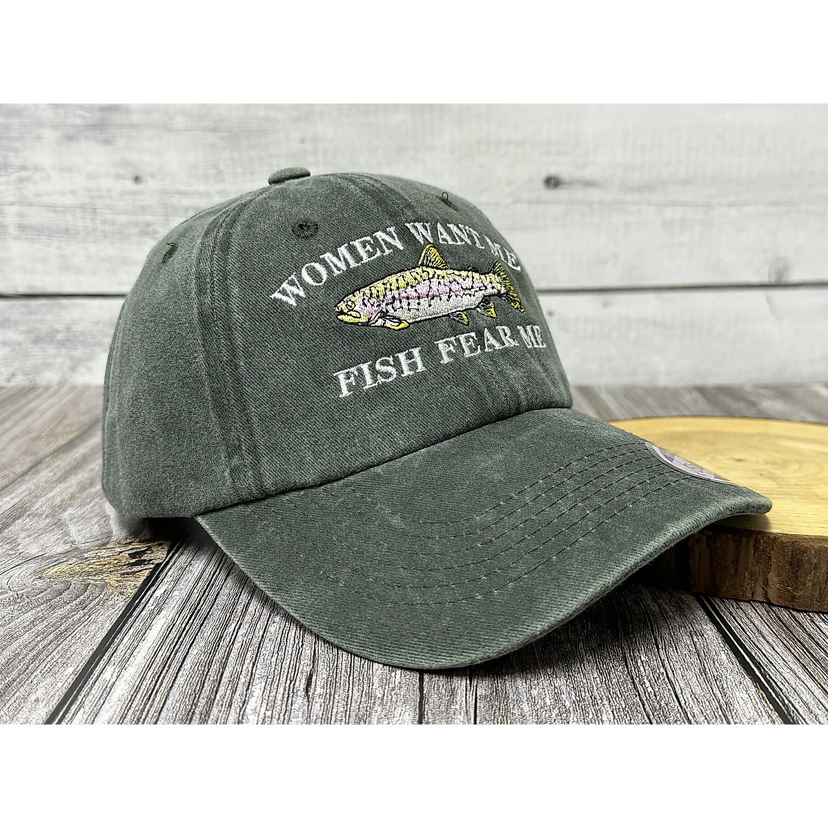 Shenbors Embroidered Women Want Me Fish Fear Me Hat for Men, Army Green Outdoors Fishing Snapback Dad Hat, Adjustable Baseball Cap