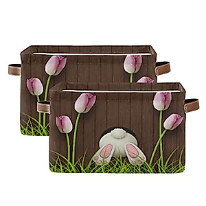 senya Easter Basket, Easter Bunny Pink Tulips Foldable Fabric Collapsible Storage Bins Organizer Bag for Storage Clothes