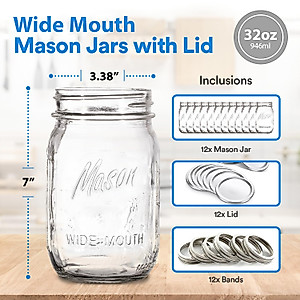Wide Mouth Mason Jars 32 oz. (4 Pack) - Quart Size Jars with Airtight Lids and Bands - Made in USA - for Canning, Fermenting, Pickling, or DIY Decors and Projects - Bundled with Jar Opener