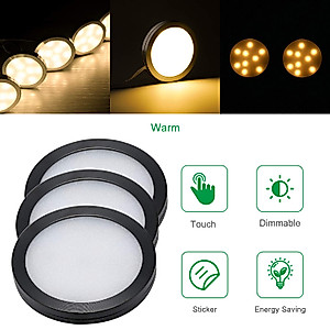 AIBOO Under Cabinet LED Black Cover Puck Lighting Kit with Touch Dimmer Switch for Kitchen Cupboard Closet Lighting (6 Lights,Warm White)