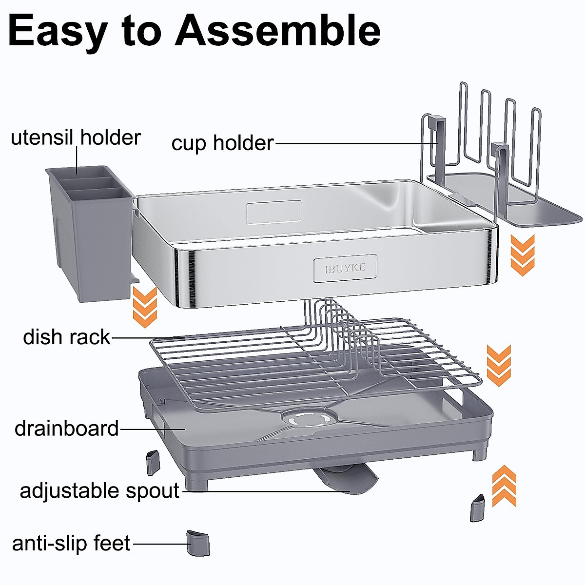 IBUYKE Stainless Steel Dish Drying Rack,Rust Resistan Dish Racks for Kitchen Counter,Dish drainers with 360° Rotatable Spout and Removable Flatware Caddy,Silver Gray TDS002G