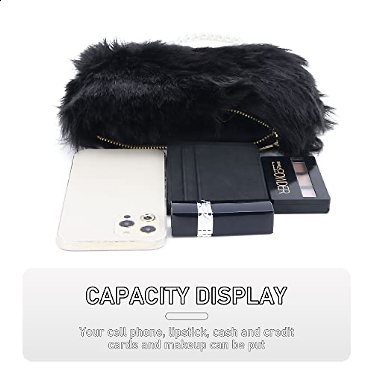 Oweisong Faux Fur Clutch Purses for Women Evening Bag Fluffy Fuzzy Handbags Black Furry Shoulder Bag for Wedding Party