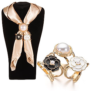 3PCS Elegant Pearl Floral Scarf Ring Clip Camellia Flower Scarf Buckle for Women Scarf Ring Buckle Women Fashion Metal Shawl Clip Buckle Lady Girls Decoration Accessories (28mm) (3, 28)