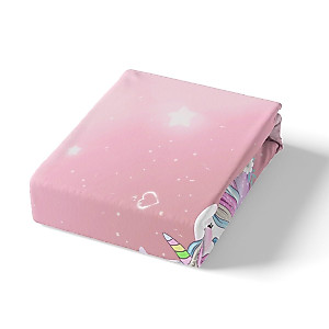 Feelyou Pink Unicorn Bed Sheet Set Twin, Cartoon Unicorn Bedding Set Bed Sheet SetGirls Cute Unicorn Fitted Sheet Fairy Dreamy Horse Bed Cover Microfiber Room Decor Lightweight Bed Set (No Flat Sheet)