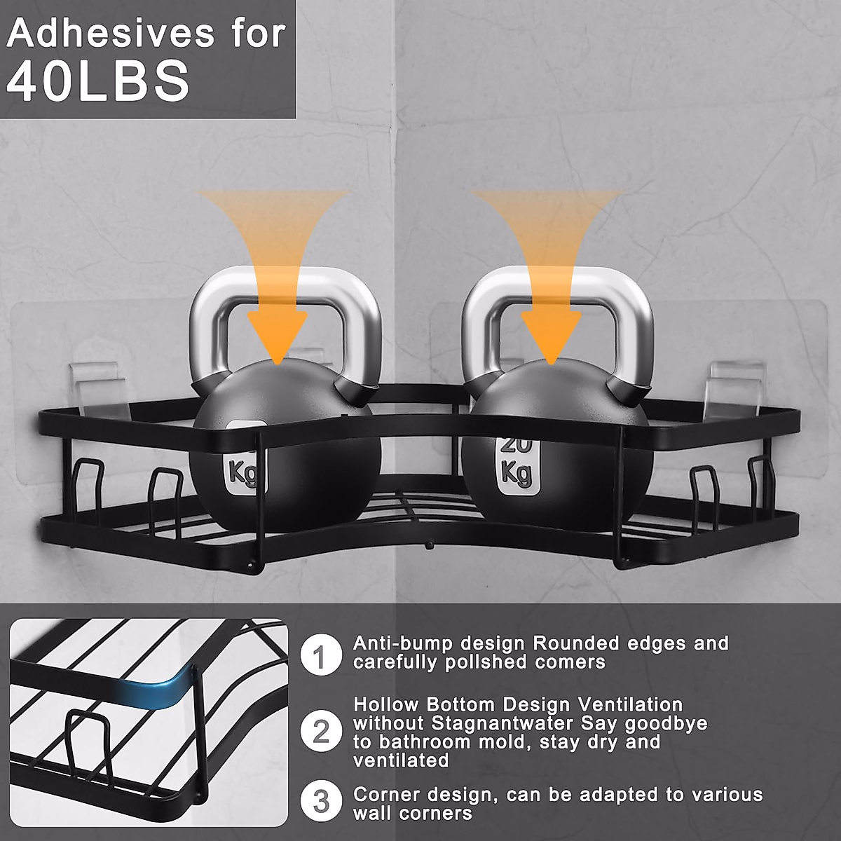 Pioleackflew Corner Shower Caddy - No Drill Bathroom Shower Organizer Rustproof Shower Shelves Shower Caddy Adhesive with Toothbrush cups Shower Shelf for Inside Showerower Black (2 Pack)