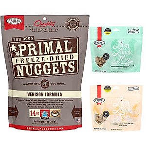 Primal Freeze Dried Dog Bundle, Venison Food Nuggets 14oz, Chicken Liver Treats 1.5oz, Pork Liver Treats 1.5oz, Grain Free, High Protein, High Protein with Probiotics