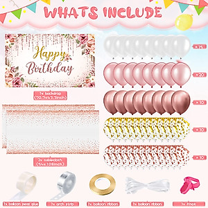72 Pieces Birthday Decorations for Women Girls Included Backdrop Tablecloths Balloons Floral Garland Happy Birthday Party Supplies for Ladies Birthday Party Decor (Rose Gold)