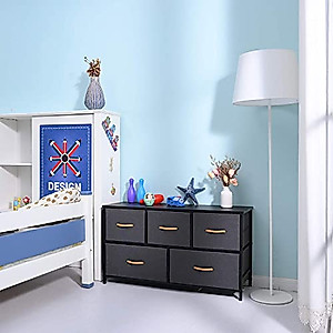 ROMOON Dresser Organizer with 5 Drawers, Fabric Storage Drawer Unit, Dresser Tower for Bedroom, Hallway, Entryway, Closets, Nursery - Wide Dark Gray
