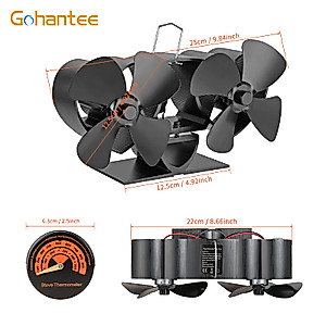 gohantee Dual Head 8 Blades Fireplace Fan Heat Powered Wood Stove Fan Heat Distribution for Wood Log Burner Fireplace Slient Eco Friendly More Effective for Large Room with Stove Thermometer