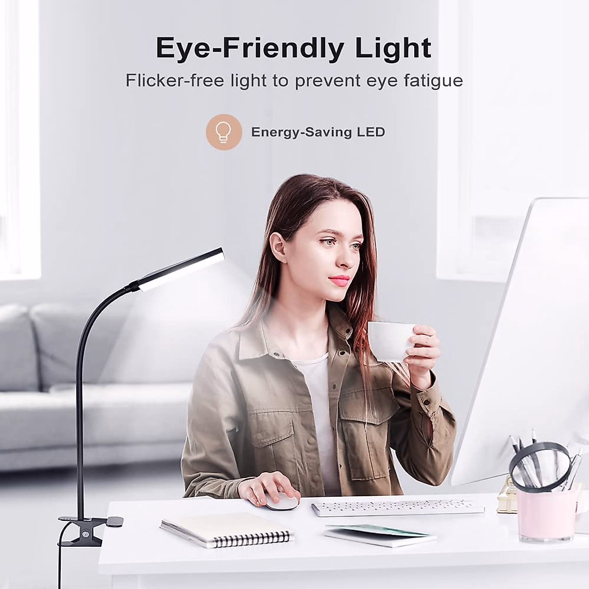 MONGERY LED Desk Lamp, Eye-Caring Table Lamps with USB Charging Port,7 Brightness Levels & 5 Color Modes,Touch Control and Memory Function,7W Flexible Gooseneck Reading Lamp for Home Office, White