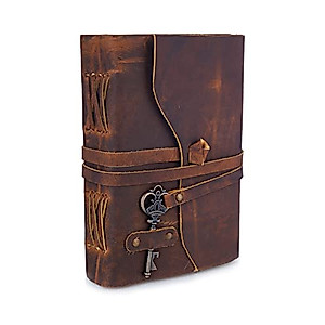 Burhano crafts vintage leather journal with key leather bound journal key closer Antique Handmade Deckle Edge Vintage Paper Leather Book of shadows - perfect for writing (8x6)