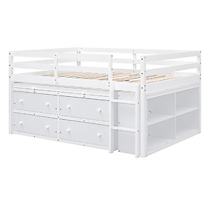 Full Size Low Loft Bed with Rolling Portable Desk, Full Bed Frame For Kids With Storage Cabinet, Drawers and Shelves, Multiple Functions Wood Loft Bed Frame for Girls Boys, Space Saving, White