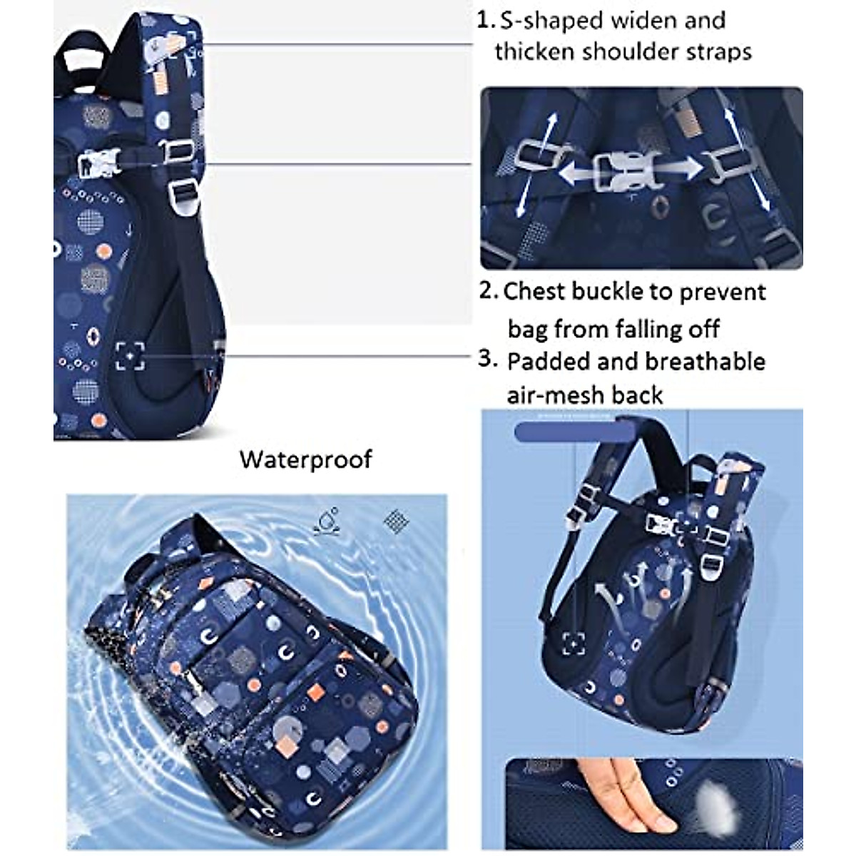 ETAISHOW Geometric Print Backpack for Girls Kids Bookbag for Elementary Middle School
