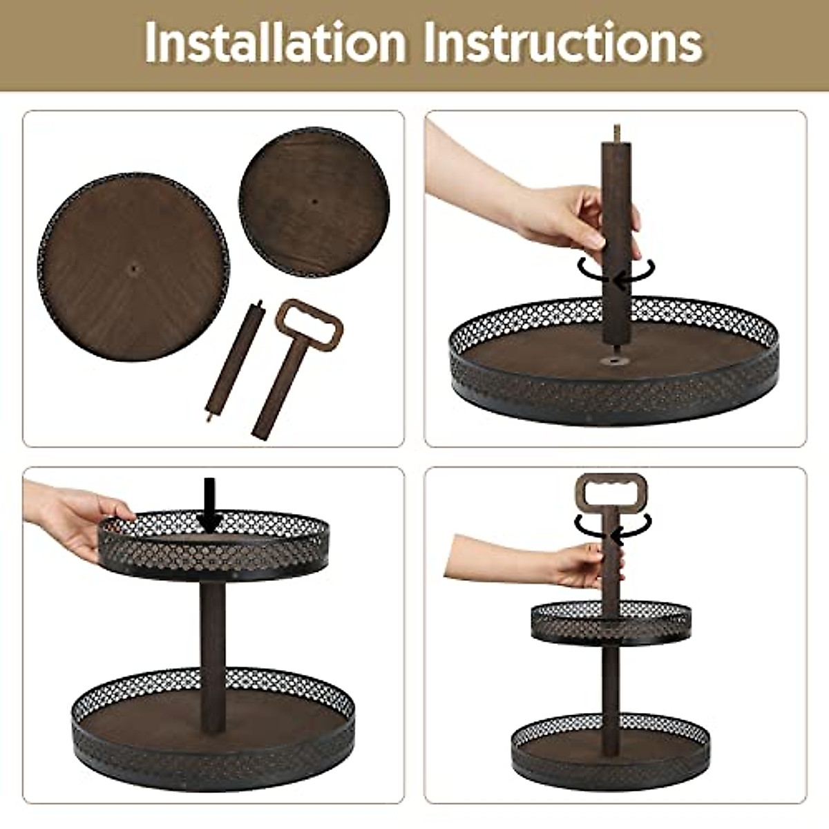 WeGXY Two Tiered Tray, Black Walnut Tiered Tray Stand,Farmhouse 2 Tier Tray,Wooden Rustic and Metal Lace Tiered Tray for Home Kitchen