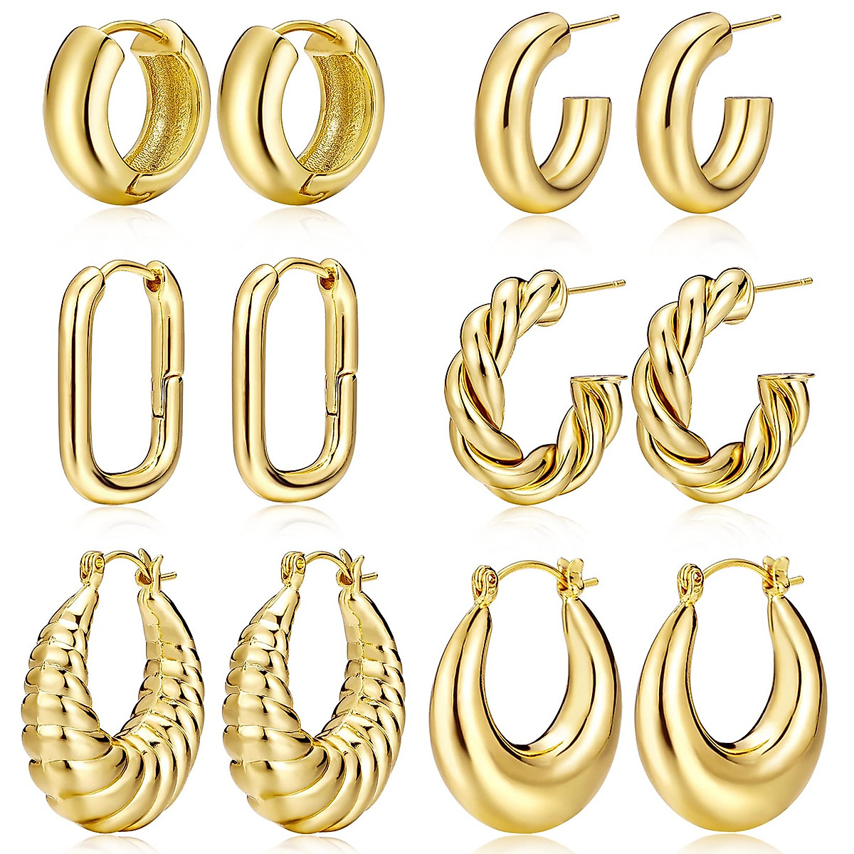 Gold Hoop Earrings for Women,14K Gold Plated Thick Hoop Earrings Pack, Chunky Hoops Set Hypoallergenic, Small Hoop Jewelry