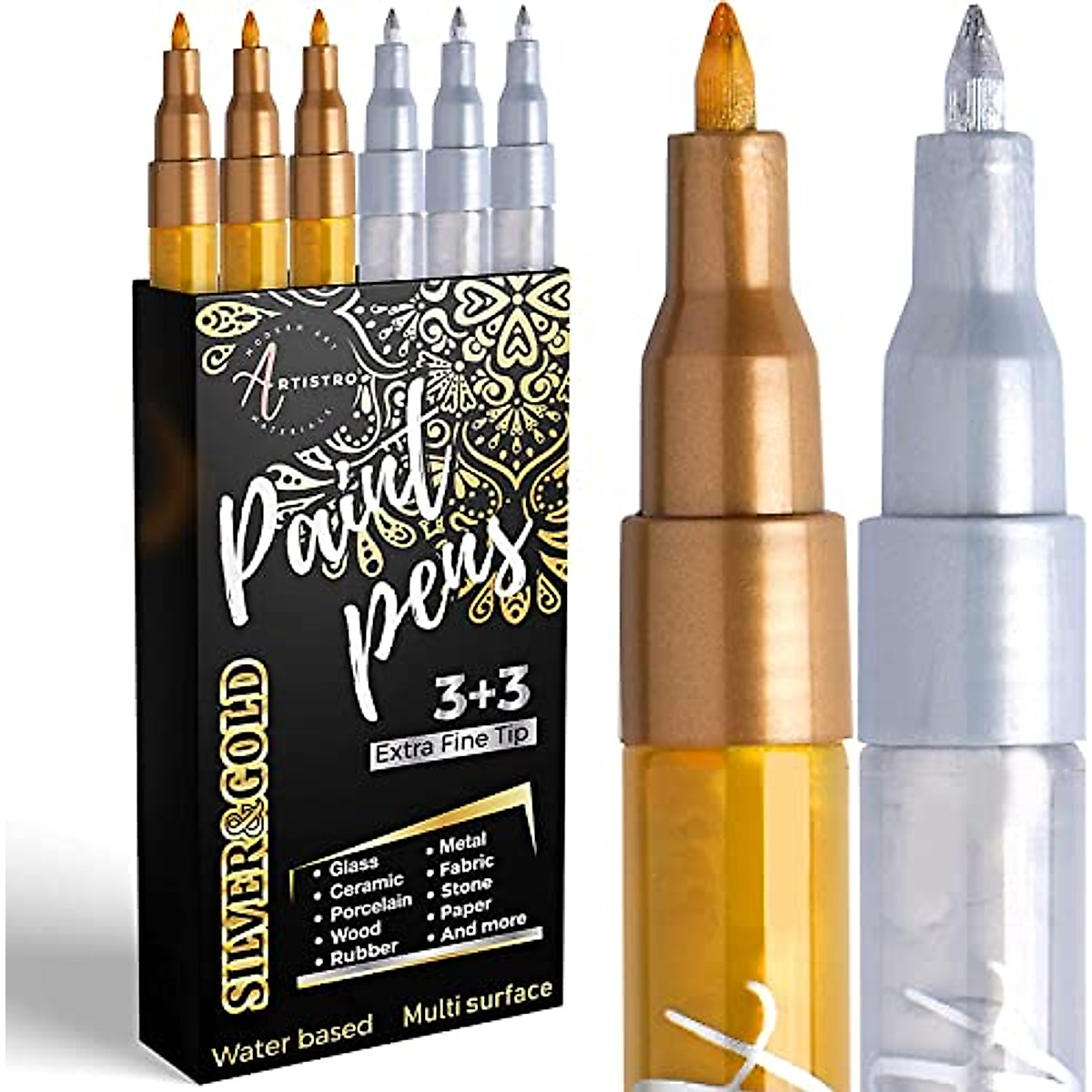 Metallic Acrylic Paint Pens for Rock Painting, Stone, Ceramic, Glass, Wood, Fabric, Canvas, Metal, Scrapbooking (6 Pack) Set of 3 Gold & 3 Silver Acrylic Paint Markers Water-Based Extra-Fine Tip 0.7mm