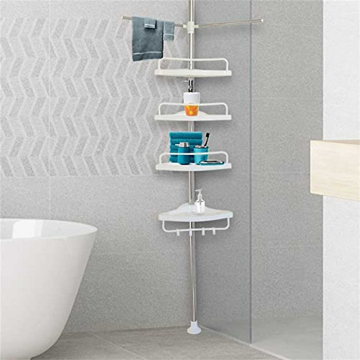 LOYALHEARTDY Rustproof Shower Caddy Corner for Bathroom 4 Tier Bathroom Corner Shower Caddy Bathtub Shower Storage Organizer, 43"~122" Adjustable Height (White)