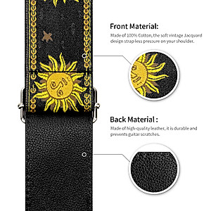 Guitar Strap, Vintage Embroidered Sun Straps with Genuine Leather Ends Guitar Shoulder Strap for Bass, Acoustic,Classical & Electric Guitar (Black)