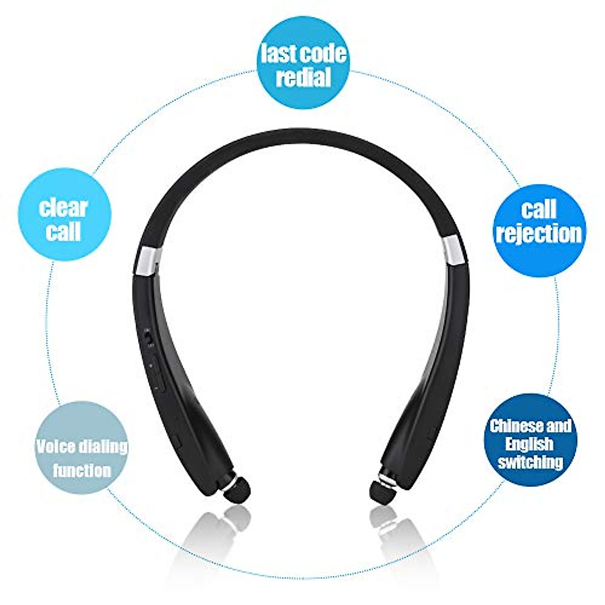 Neckband Headphones, Wireless Neckband Headset with Retractable Earbuds, Sports Sweat Proof Noise Cancelling Foldable Stereo Earphones Bluetooth Headphones with Mic(Black)