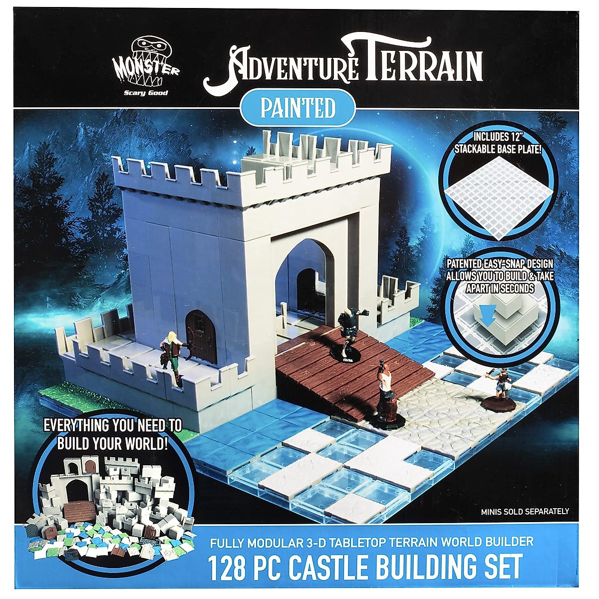 Monster Adventure Terrain- 128pc Painted Castle Expansion Set w Baseplate- Fully Modular & Stackable 3-D Tabletop World Builder, Compatible w DND Dungeons Dragons, Pathfinder, All RPG Game, Gift