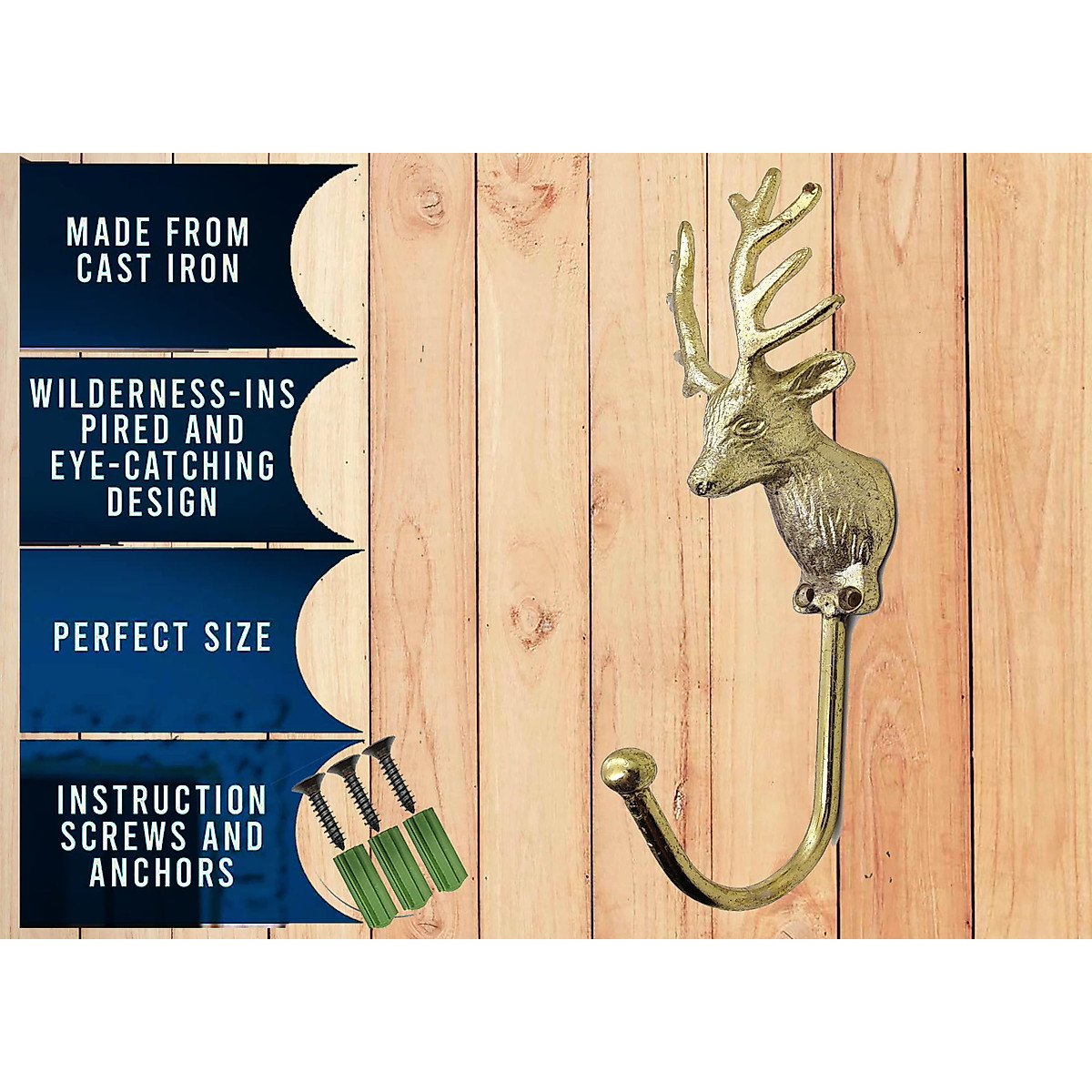 5MOONSUN5 Vintage Deer Head Coat Hook, Heavy Duty Antique Brass, Wall Mounted Animal Collection Deer Single Coat Hook Clothes Rack Wall Hanger, Polish Finish