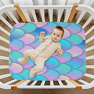 Kigai Sea Mermaid Scale Stretchy Fitted Crib Sheets Soft and Breathable Portable Crib Mattress Topper for Boys and Girls 28x52 in