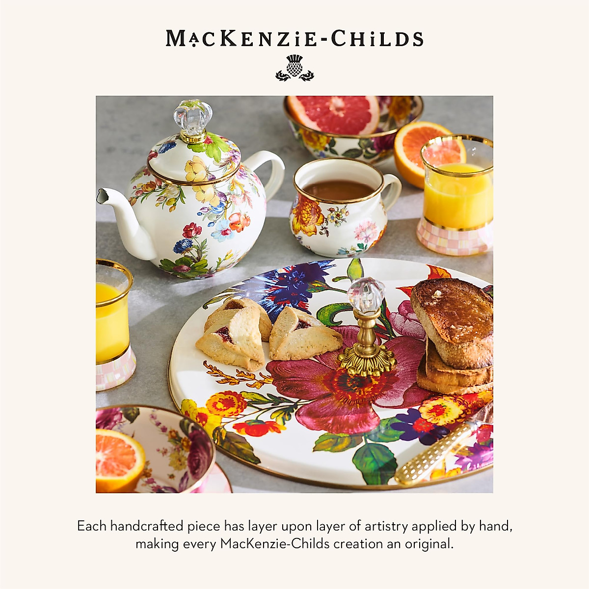 MACKENZIE-CHILDS Black Flower Market Enamel Canister, Floral Kitchen Storage Container with Lid, Medium