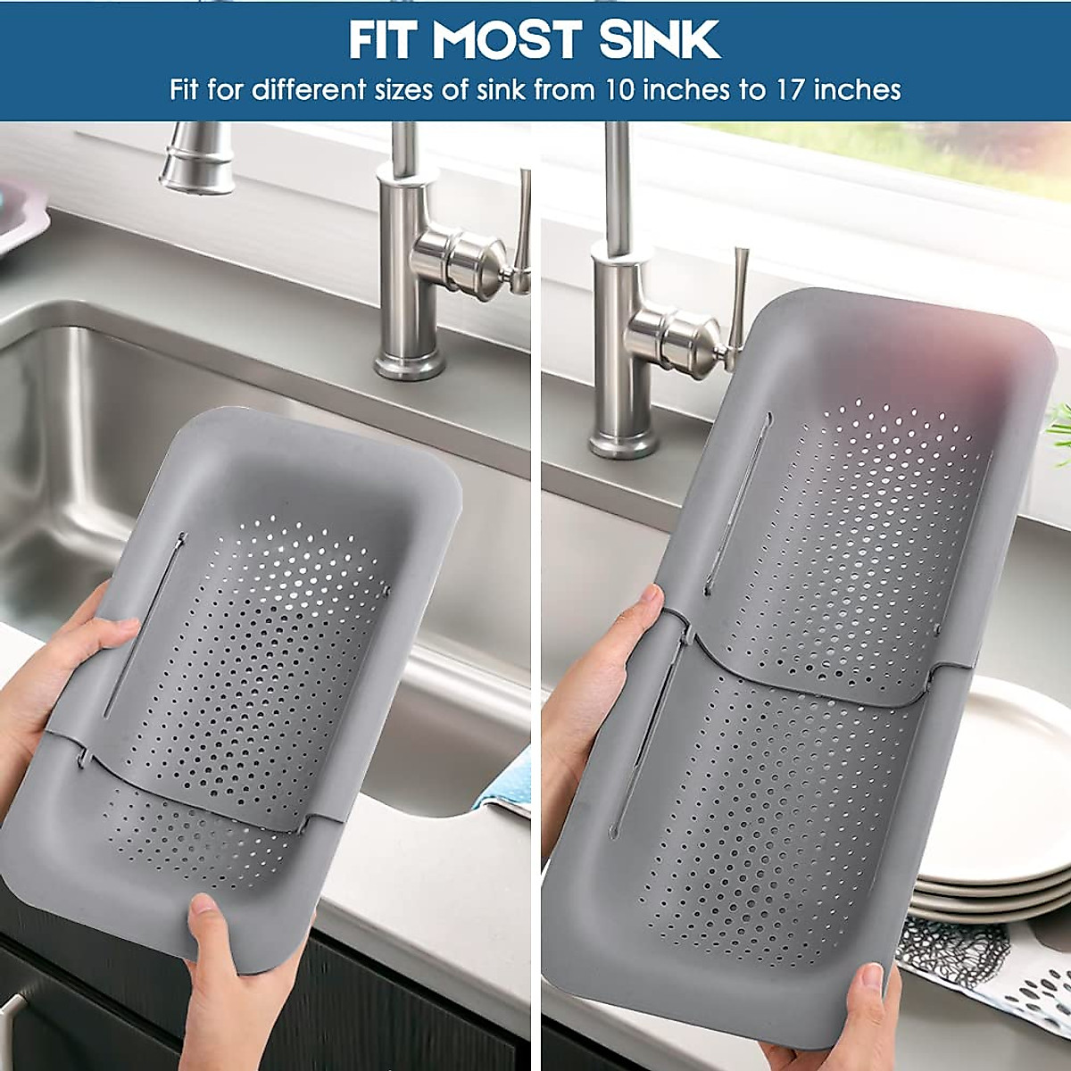 Collapsible Colander Kitchen Extendable Strainer Fruits Vegetables Noodle Pasta Food Drain Basket Space-Saver Portable Drainer Over Sink (1, 3#Grey)