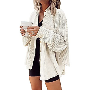 Womens Fashion Button Down Blouse Long Sleeve Solid Color Henley Neck Boyfriend Shacket Shirt Top Beige