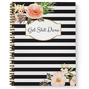 Softcover Classic Floral Get Stuff Done 8.5" x 11" Motivational Spiral Notebook/Journal, 120 Checklist Pages, Durable Gloss Laminated Cover, Gold Wire-o Spiral. Made in the USA