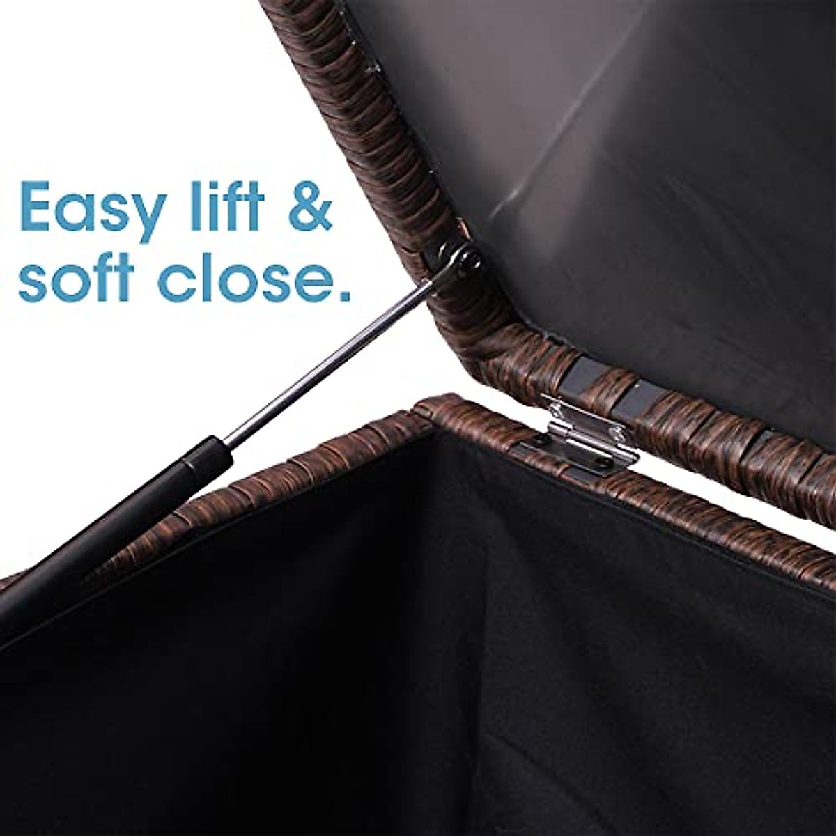 SUNVIVI OUTDOOR 73 Gallon Wicker Deck Box with Waterproof Inner, Hydraulic Pistons, Aluminum Frame for Cushions, Brown