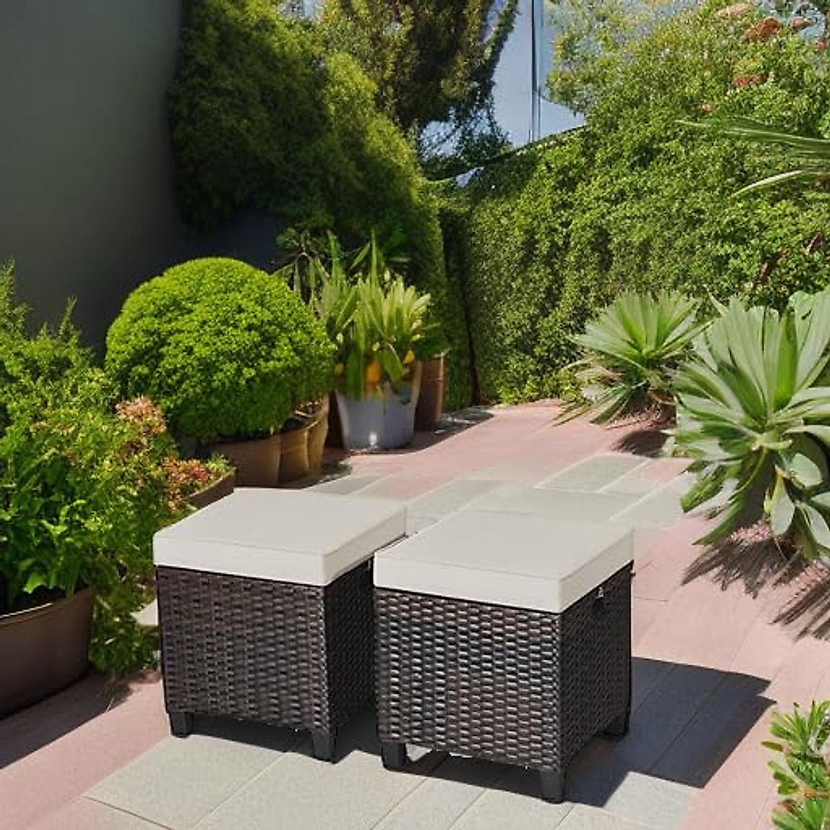CLEEMAN Outdoor Ottoman Set of 2, All Weather Rattan Wicker Patio Ottoman w/Removable Cushions, Outdoor Footstool Footrest for Patio Garden Porch Poolside (Brown)