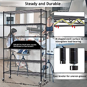 Dkelincs 6 Tier Storage Rack Metal Wire Shelf Unit Height Adjustable NSF Heavy Duty Garage Rack with Wheels 48" x 18" x 82" Commercial Grade Utility Rack for Dining Room Basement Garage Kitchen