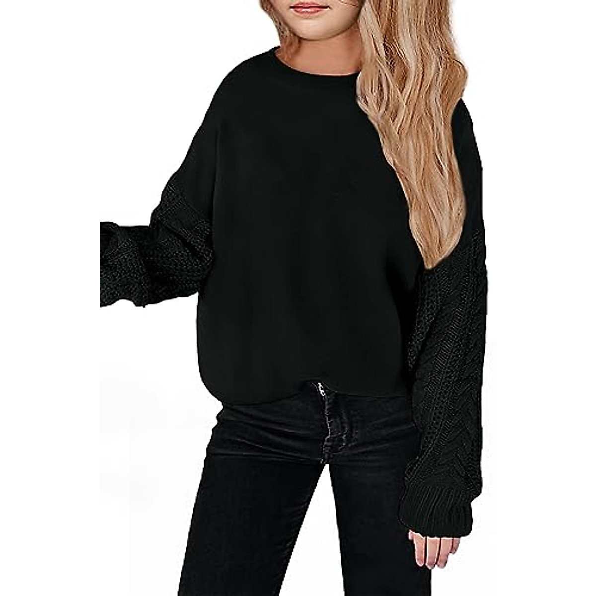 INFULEIMU Girls Sweaters Crewneck Long Sleeve Kids Christmas Sweater Winter Knit Chunky Pullover Jumper 5-14 Black