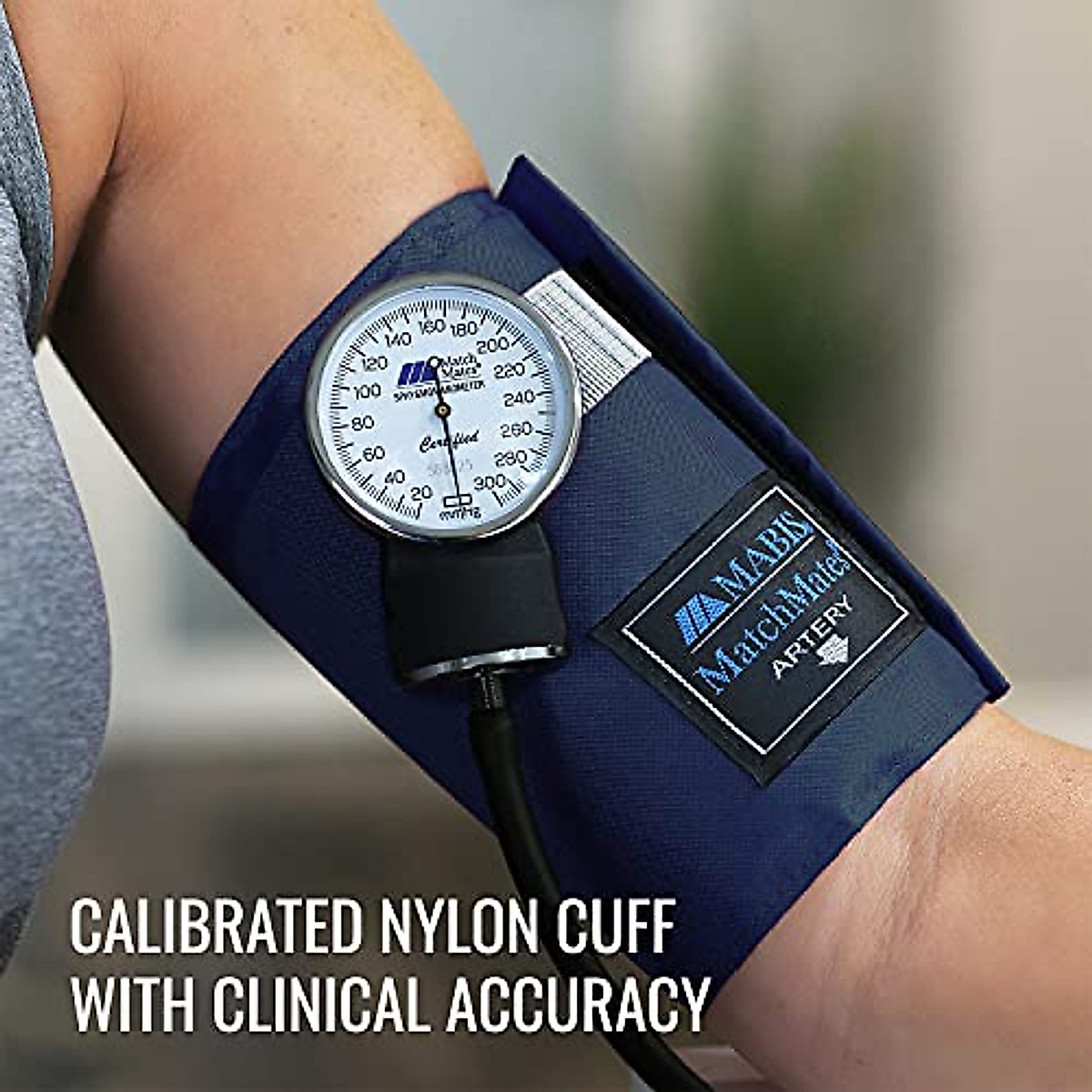 MABIS MatchMates Manual Blood Pressure Monitor Kit Aneroid Sphygmomanometer with Calibrated Nylon Cuff and Oversized Carrying Case, Adult, Navy