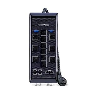 12-Outlet Surge Protect 6 ft. Braided Cord USB Coax, Black