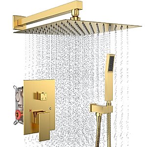 Rain Shower System 12 Inches Shower Head with Handheld Combo Set for Bathroom,High Pressure Rainfall Shower Faucet Set Wall Mounted,Rough-in Valve and Trim Kit(Brushed Gold)