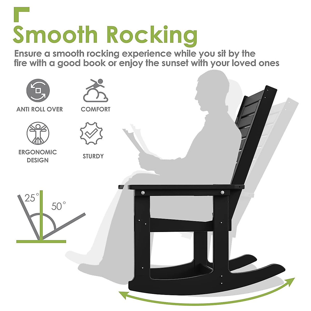GREENVINES Oversized Rocking Chair, All Weather Resistant Outdoor Indoor Fade-Resistant Patio Rocker Chair，Stable Durable Smooth Rocking, Comfortable Easy to Maintain, Load Bearing 350 lbs (Black)