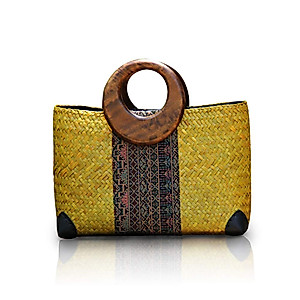 QTKJ Women Summer Retro Straw Bag with Printing Pattern Hand-woven Beach Handbag Top Round Handle Boho Tote Bag Shopping Travel Large Bag (Yellow 2)