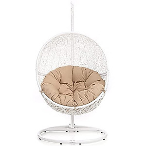 Zuri Furniture Modern Shore White Basket Swing Chair Khaki Cushion with Stand