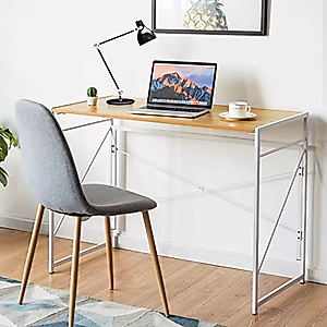 Tangkula Folding Computer Desk, Study Writing Desk with 6 Hooks, Modern Simple PC Laptop Desk with Sturdy Metal Construction, Space Saving Writing Table for Home Office (Natural)