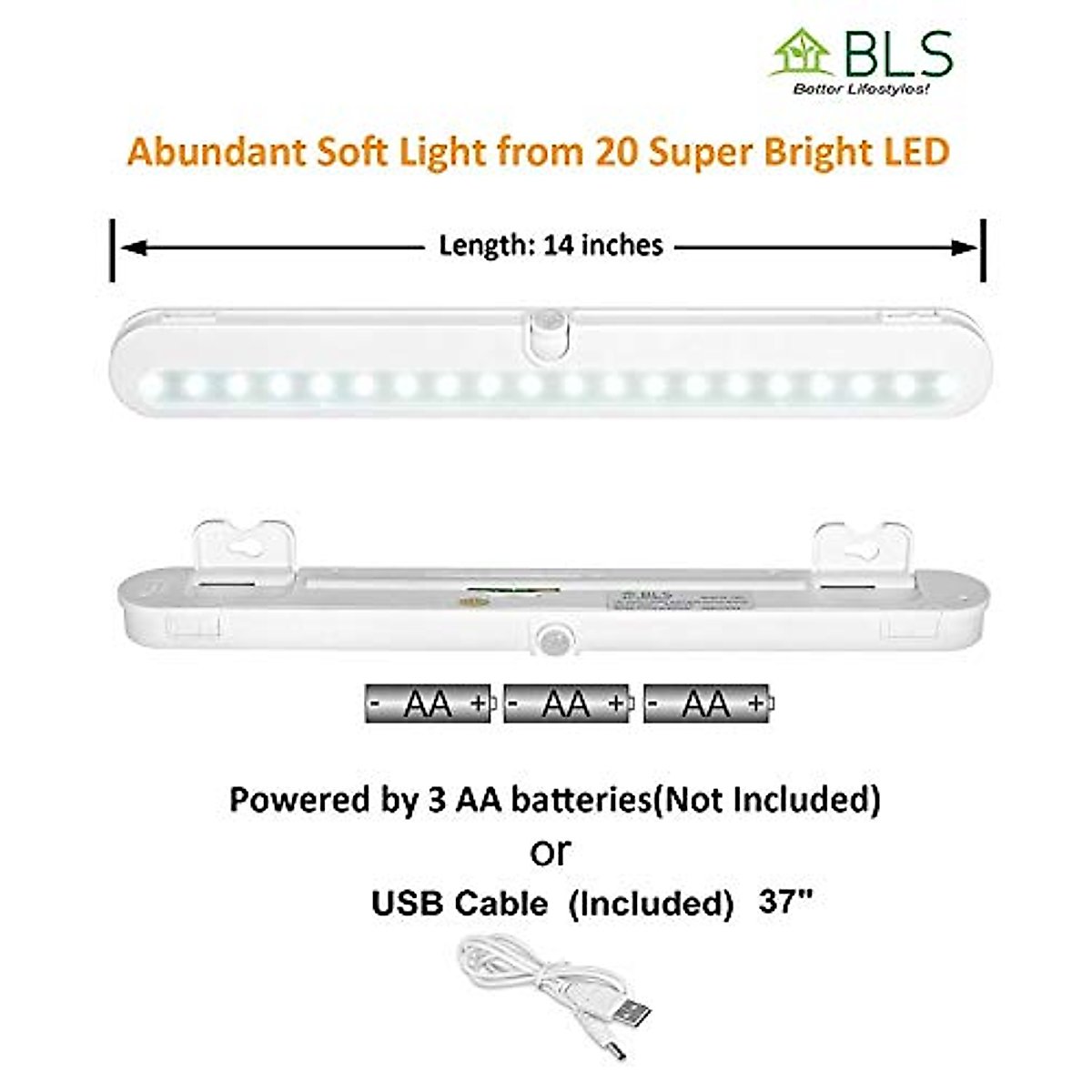 BLS T01L LED Closet Light Super Bright 20 LED Under Cabinet Lighting Battery Powered / DC Input Wireless Motion Sensing Light, Auto On Off Switch, Motion Sensor & Light Sensor, Light Beam Adjustable