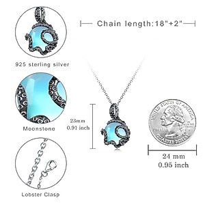 TYSO Octopus Necklace for Women,925 Sterling Silver Moonstone Octopus Pendant Neckalces,Sea Animal Jewelry Gifts for Women Mom Sea Lover,18''-20''