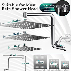 Rain Shower Head Extension Arm, Upgrade 12 Inch Metal Shower Extension Arm, Height/Angle Adjustable Curved Shower Head Extender with 1/2 Universal Connection, Flexible Rise or Lower Shower Head Chrome